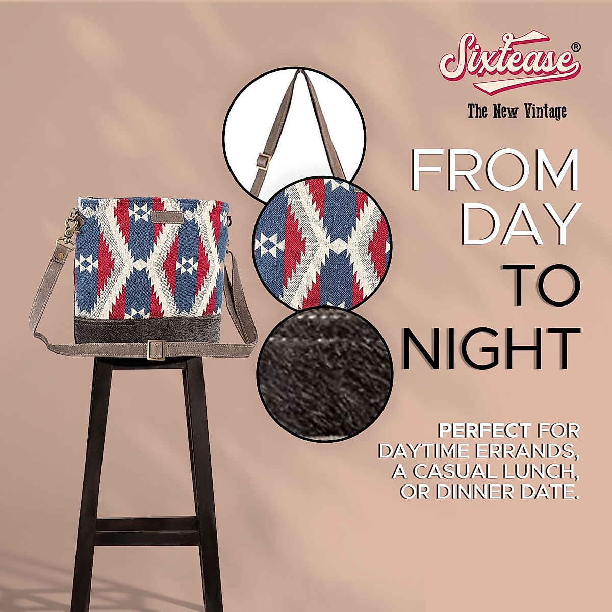 SIXTEASE Womens Shoulder Bag Vintage Style Shoulder Bags for Women - Made with Genuine Leather, Upcycled Canvas, or Hair On - Handmade, Adjustable Strap, Brass and Zinc Hardware - Primrose