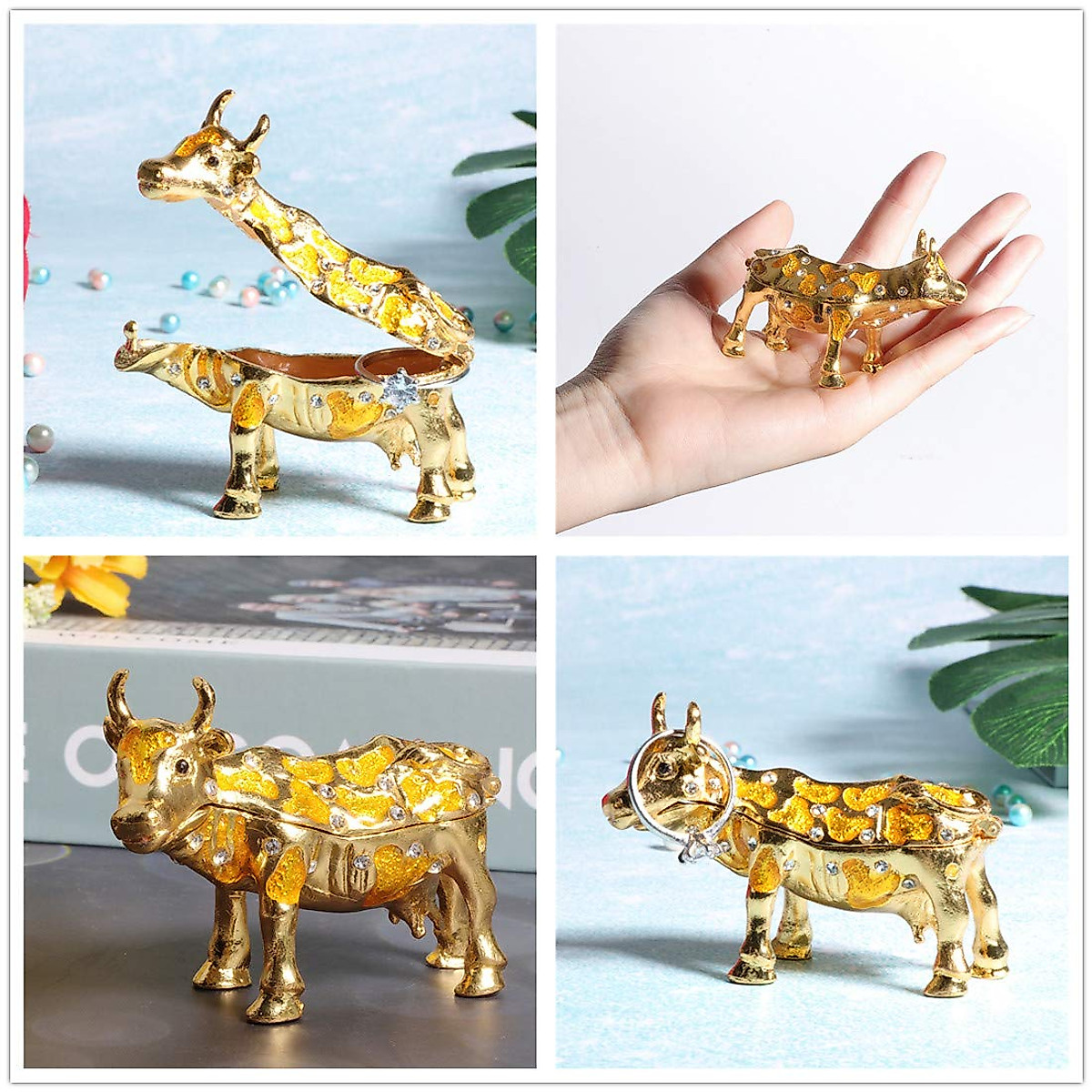Waltz&F Golden Bull Hinged Trinket Box Bejeweled Hand-Painted Ring Holder Animal Collectible Figurine Decoration