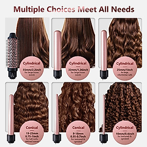 Erokicysh Curling Iron 6 in 1 Hair Curling Wand Set with Curling Brush Instant Heat Up Beach Waver Long Hair Curlers Iron 6 Interchangeable Ceramic Barrel 0.35-1.25 Inch Short Hair Crimper for Women