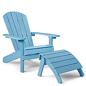 YEFU Classic Adirondack Chair Plastic Weather Resistant with Ottaman, Adirondack Foot Rest & Patio Chair, Weather Resistant, Widely Used in Outdoor, Fire Pit, Deck, Outside, Campfire Chairs(Blue)