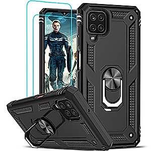 LeYi for Samsung Galaxy A12 Case, Samsung Galaxy A12 Phone Case with [2 Pack] Tempered Glass Screen Protector, [Military-Grade] Ring Kickstand Phone Case for Samsung A 12 5G, Black