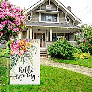 Hello Spring Garden Flag 12x18 Double Sided, Burlap Small Vertical Happy Spring Floral Flower Garden Yard Flags for Seasonal Outside Outdoor House Decoration (Only Flag)