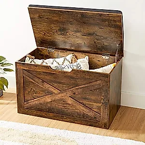 VASAGLE Padded Shoe Bench with Cushioned Seat, Storage Chest Cabinet, Barn-Door Style, 15.7 x 29.9 x 18.9 Inches, Rustic Brown