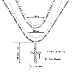 GEMOSA Cross Chain for Men 14K Gold Silver Plated Solid Iced Out 5A+ Cubic Zirconia Stainless Steel Cuban Link rope Layered Chains 1624 Inch Large Cross Diamond Pendant Nceklace for Women Boys Girls