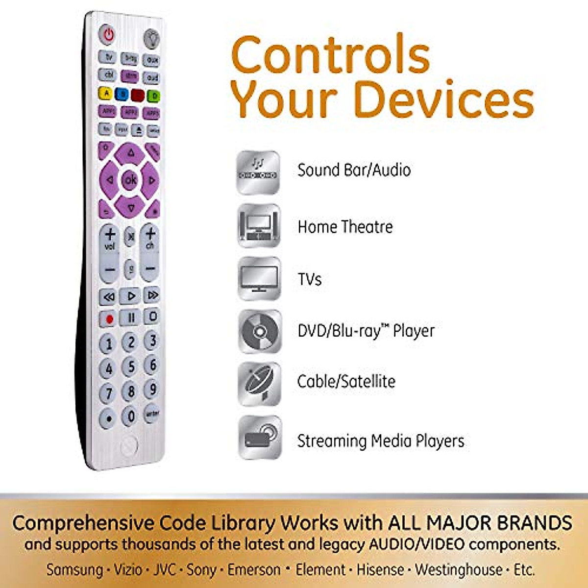 GE Home electricalGE 6-Device Backlit Universal Remote Control, Silver, 37038 & Universal Remote Control for Samsung, Vizio, Lg, Sony, Sharp, Roku, Apple TV, Smart TVs, Graphite