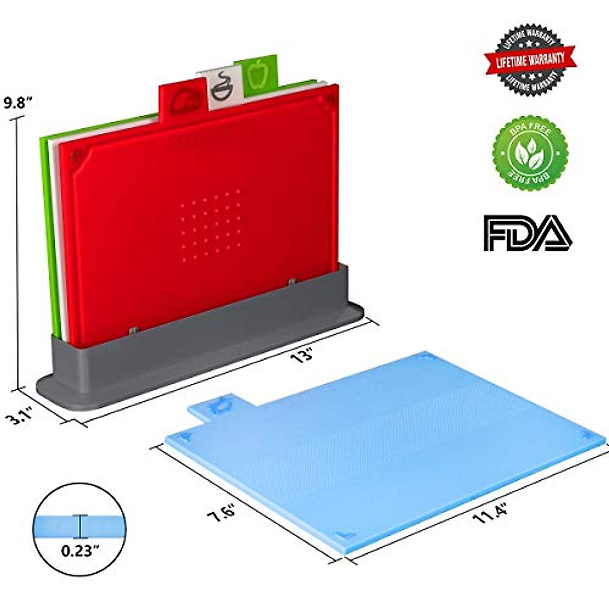 Chopping Board Set for Kitchen,Set of 4 Small Cutting Boards with Index Color Coded Food Icon, Non-slip BPA Free Approved Reversible Chef Dishwasher Safe Thicker Easy-access Draining Rack, 11.5” x7.8"