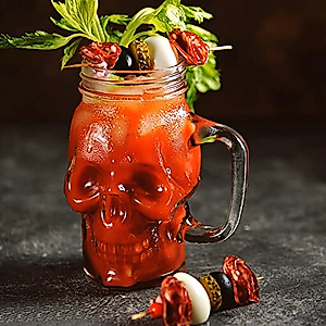 TOPZEA 6 Pack Glass Mason Drinking Jars with Handle, 16 Oz Skull Beer Mugs Wide Mouth Tumbler Cup with Straws, Pub Bar Drinking Mugs for Beverage, Liquor, Cold Drinks