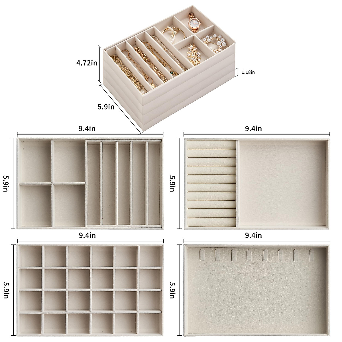 Oyydecor Stackable Jewelry Organizer Tray, Jewelry Drawer Organizer Set of 4 - Earrings, Necklaces, Rings, Bracelets Storage for Women and Girls - Beige.