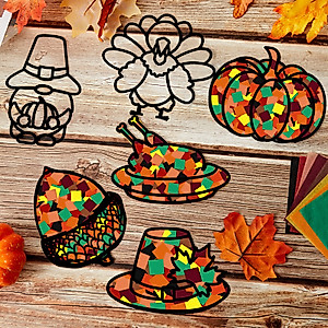 Gueevin 18 Sets Thanksgiving Stained Glass Effect Paper Suncatchers Thanksgiving Suncatcher Kit DIY Suncatcher Paper with tissue paper and glue sticks for Children Window Classroom Arts and Crafts