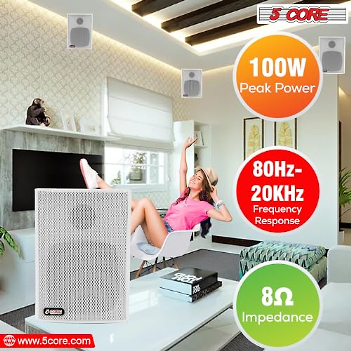 5 CORE Outdoor Speakers Stereo in Wall Speaker 100W Peak Passive Outside Surface Mount Wired Waterproof Patio House Garage Indoor Exterior Audio System Out Door Bocinas Para Casa - 13T WH 1PK
