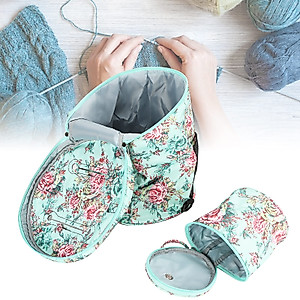 2Pcs Portable Woolen Yarn Storage Bag Knitting Bag, Yarn Storage Round Tote Bag, 600D Oxford Cloth Printing Multi-Pocket Hand Strap(Green Peony)