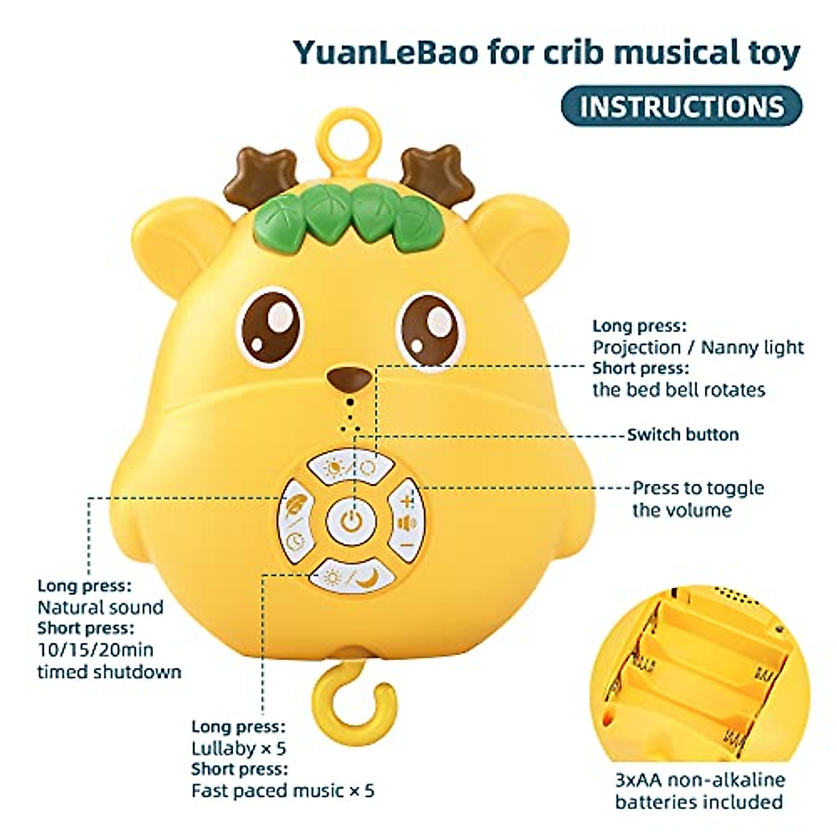 Yuanlebao Crib Mobile for Pack and Play,Baby Crib Toys with Light and Music, Rotation,Timing, Toddlers Toy for Remote Lamp, Projector for Crib Accessories,Nursery Toys for Infant 3M+（Yellow）