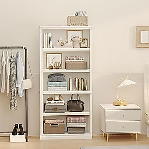 blini 5-Shelf Tall Bookcase White Wooden Bookshelves 33in Wide Floor Standing Display Storage Shelves 70 in Tall Bookcase for Home Office, Living Room, Bed Room