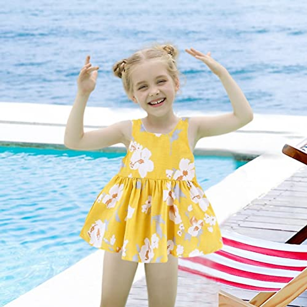 Kumrabal Baby Girl Dresses, Cute Baby Girl Clothes,Toddler Flower Girl Birthday Party Summer Sleeveless Backless Bow Sundress(Yellow with Peach Blossom 90CM)