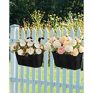 vensovo Metal Railing Planter for Outdoor Plants - 3 Pack Balcony Hanging Flower Pots with Detachable Hooks and Drain Holes Oval Bucket Rail Box Fence Planters for Home Garden Decor, Black