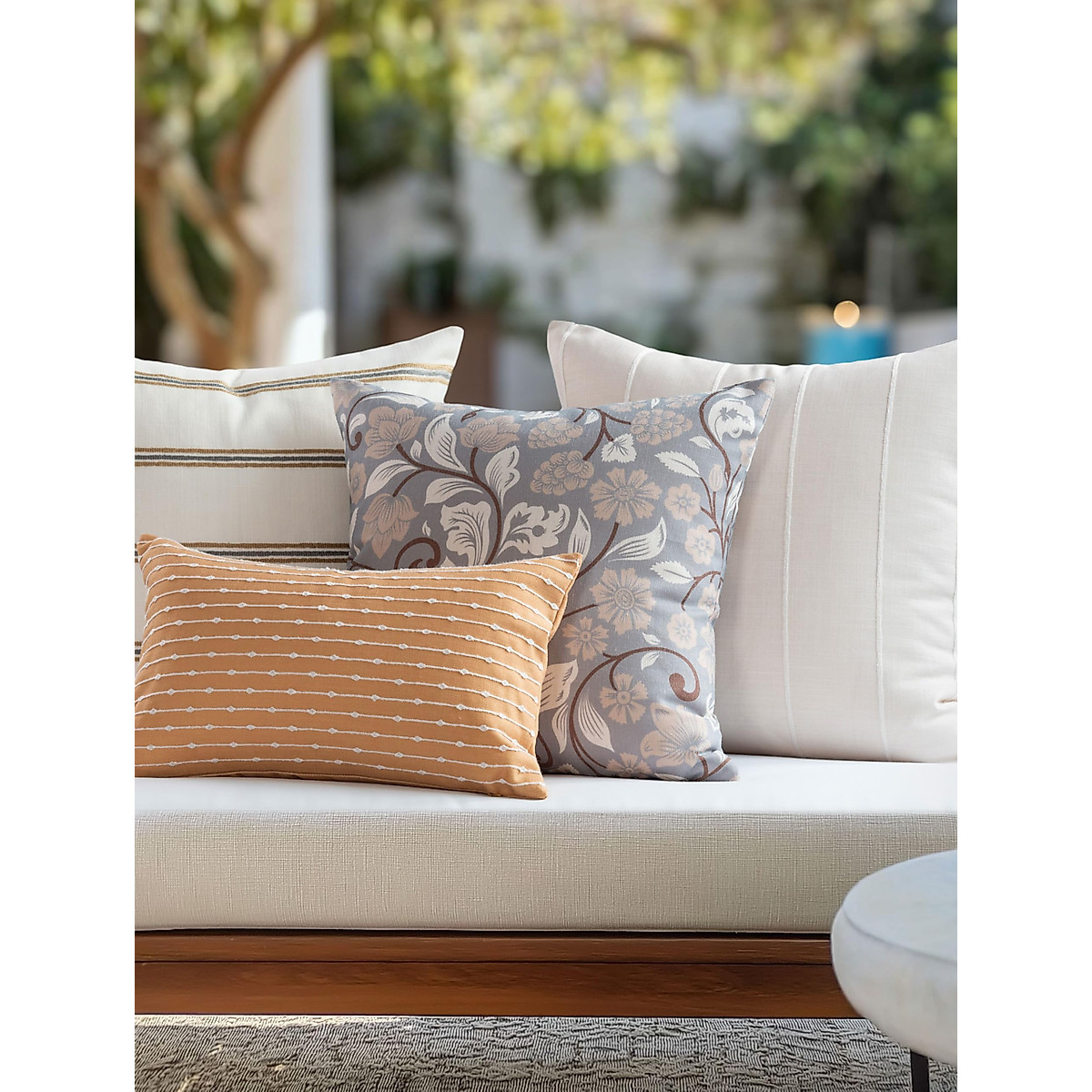 Crumbs Home Modern Farmhouse Fall Linen Indoor Outdoor Throw Pillow Cover Only, 22"x22" Water Repellent for Patio, Backyard, Couch, Antique Neutral Embroidered Stripes