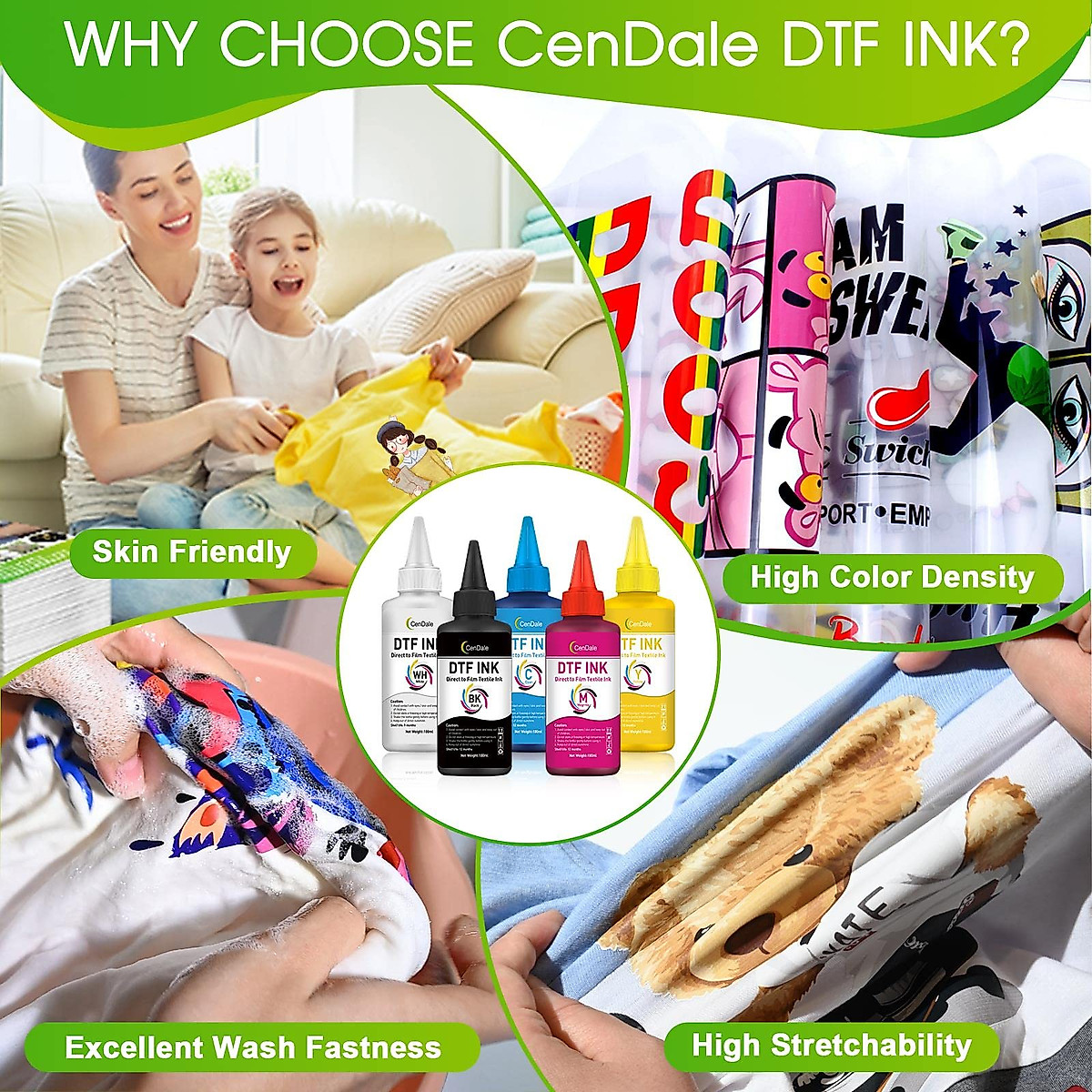 CenDale Premium DTF Ink 600ML- DTF Transfer Ink for PET Film, Refill for DTF Printers Epson L1800, L800, R2400, P400, P800, XP-15000, Heat Transfer Printing Direct to Film ( 100ml x 6, CMYK Wh )