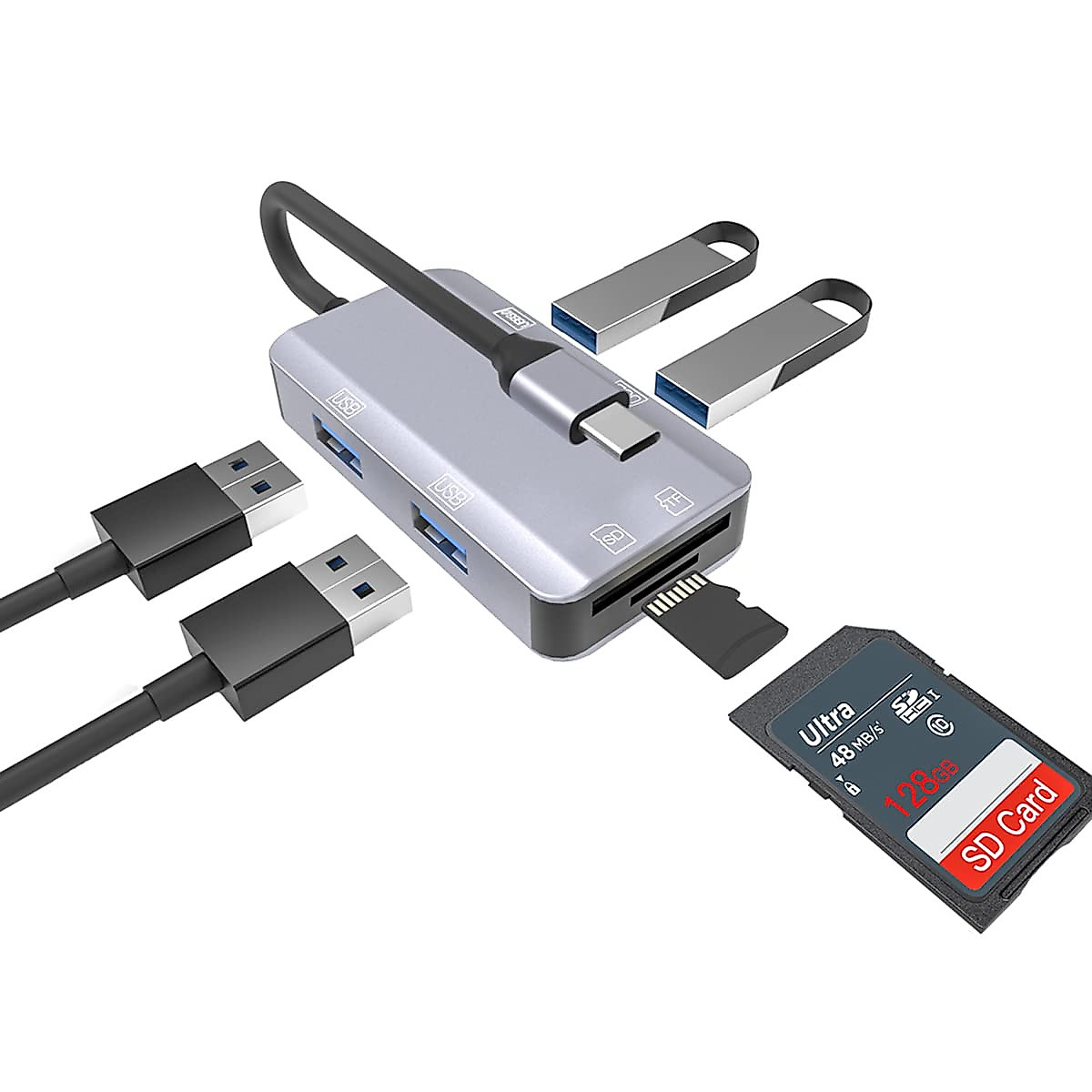 USB C to USB 3.2 Gen1 Adapter 6 in 1 Hub3.0 SD Micro SD Card Adapter for iPad Mini/MacBook Air/Google Pixel PC & Cellphone Converter