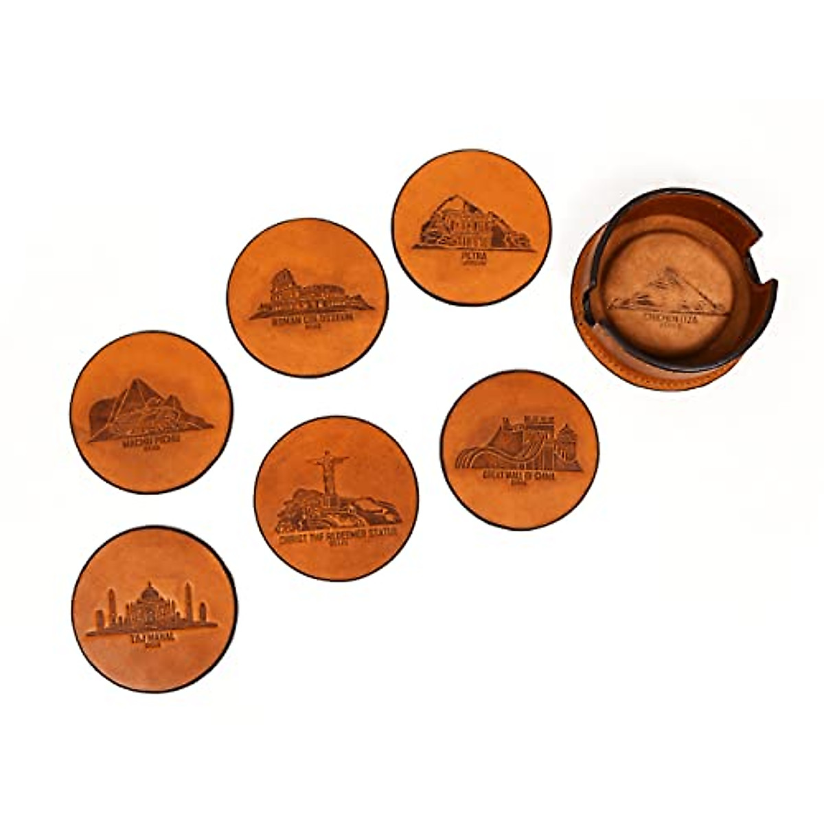Leather Coasters for Drinks Set of 6 with Holder-Protect Your Furniture from Stains (Walnut)