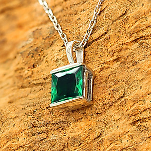 Shineadime Solitaire Pendant Necklace - Princess Cut Simulated Emerald Bar Set Along With 18" Chain In 14k White Gold Over Sterling Silver Jewelry for Women