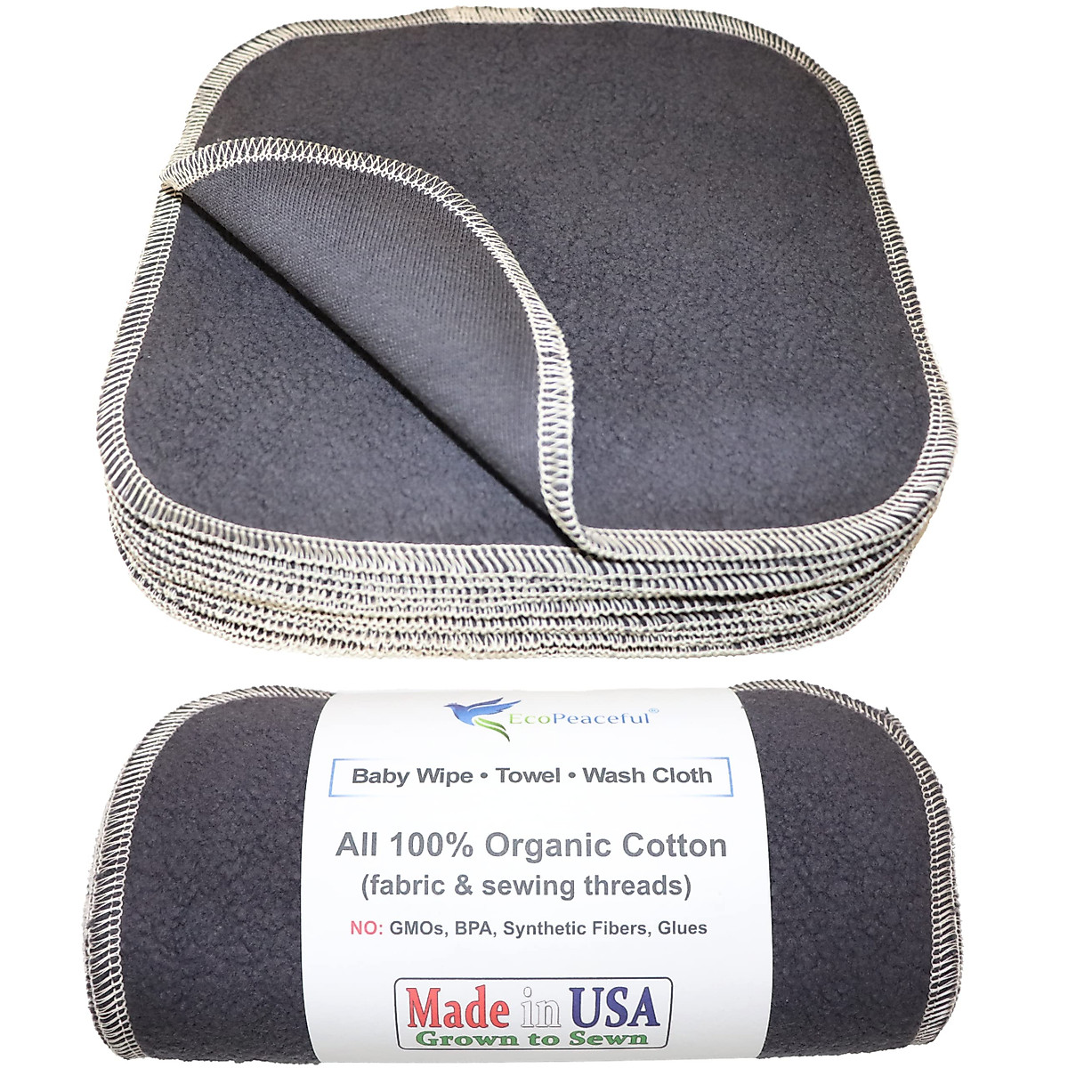 EcoPeaceful Reusable Baby Wipes Washable - All 100% Organic Cotton. Multipurpose: Baby Wipes Cloth, Washcloth, Paperless Towels, Napkins, Reusable Paper Towels. Made in USA (8"x8", Graphite)