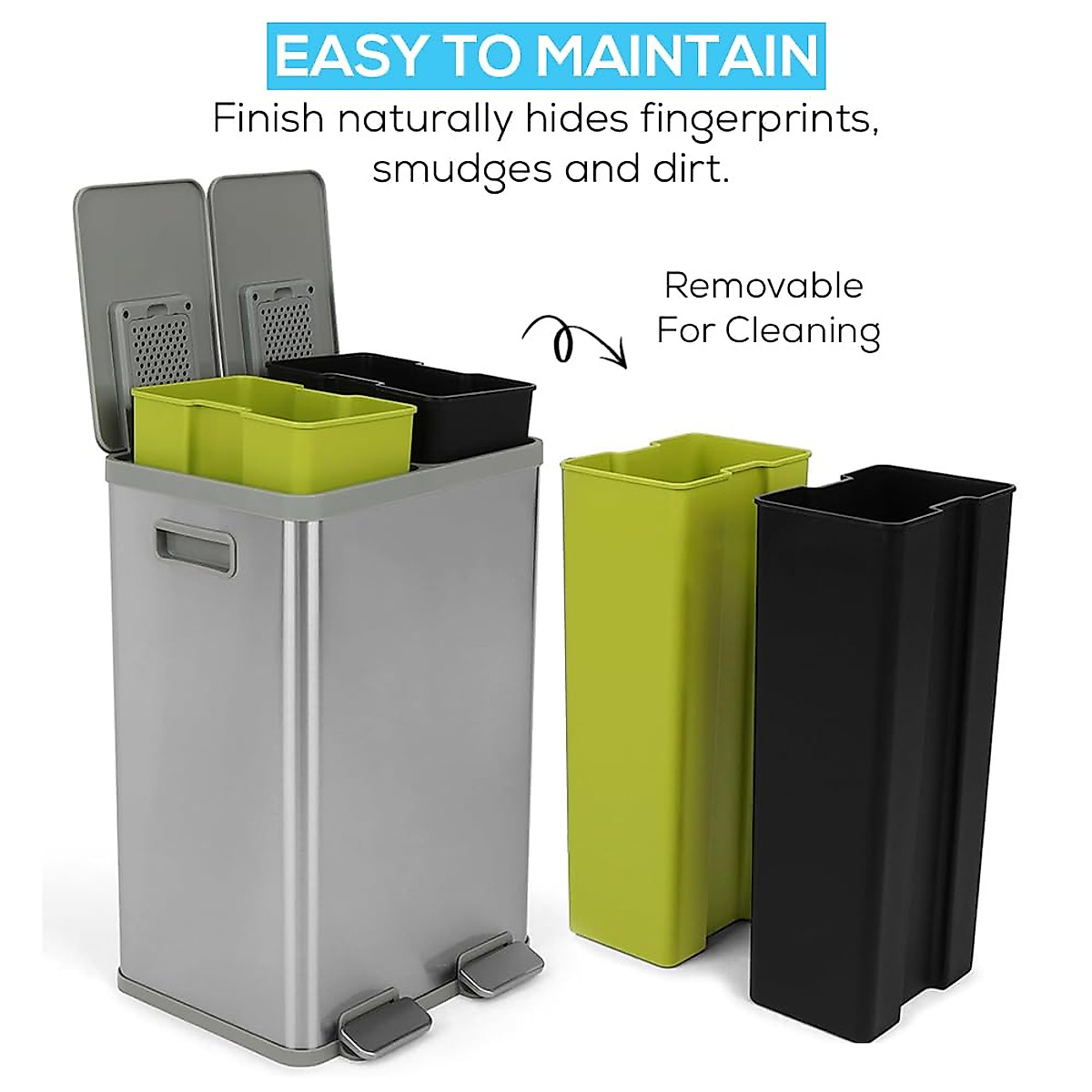 40 Liter Rectangular Hands-Free Dual Compartment Recycling Kitchen Step Trash Can with Soft-Close Lid, Brushed Stainless Steel (2 x 20L Capacity)