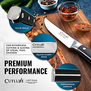 Cutluxe Steak Knives Set of 4, Straight Edge Steak Knife Set – Forged High Carbon German Steel, Full Tang, Ergonomic Handle Design – Artisan Series