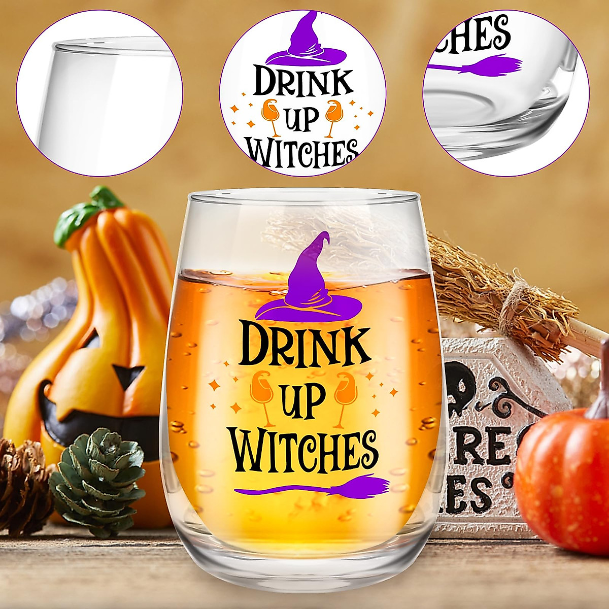 4 Pack Stemless Wine Glasses for Halloween, 15 Oz Funny Drinking Glasses Halloween Witch Cup Wine Glass Tumbler for Halloween Party Housewarming Gift Suitable Whiskey Cocktail Tea Water Juice