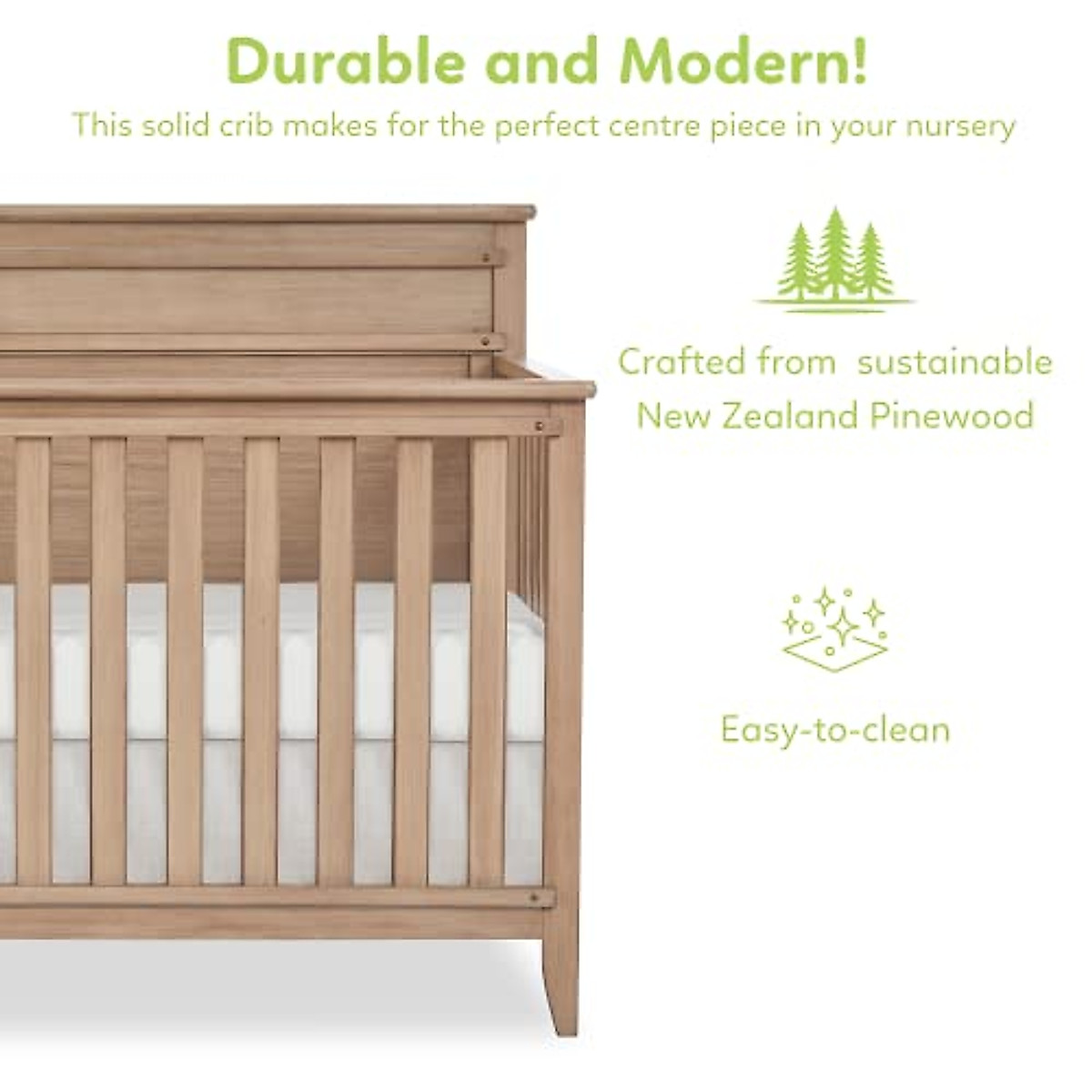 SweetPea Baby Bayfield 5-in-1 Convertible Crib in Sand Dunes, JPMA, and Greenguard Gold Certified, Made of Sustainable New Zealand Pinewood, Sturdy and Durable Crib