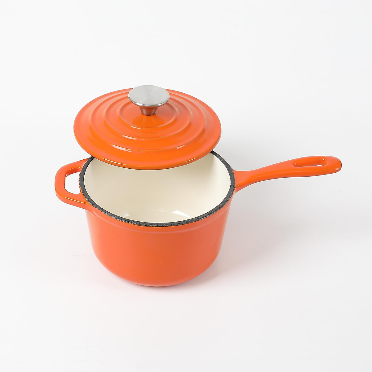 HAWOK Enameled Cast Iron Mini Saucepan, 1QT Saucepan with Lid and Long Handle, Orange