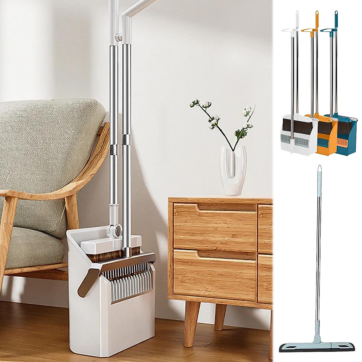 Broom and Dustpan Set, Household Soft Broom with Dustpan Combo Set with Plastic Stainless Steel Long Teeth, Durable for Shops, Commercial Outdoor Areas & Indoor Environments, 37.8 in Handle #