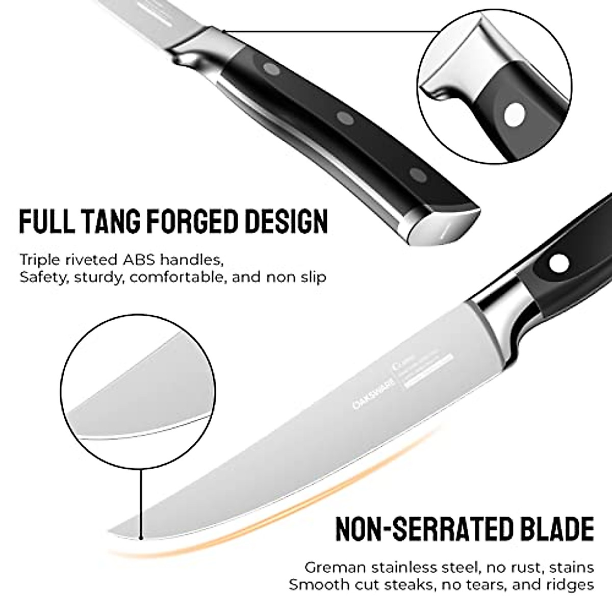 OAKSWARE Steak Knives, Non Serrated Steak Knife Set of 4, 5 Inch German Steel Steak Knife Set, 4 Pieces Professional Straight Edge Kitchen Table Dinner Knives - Full Tang Ergonomic Handle