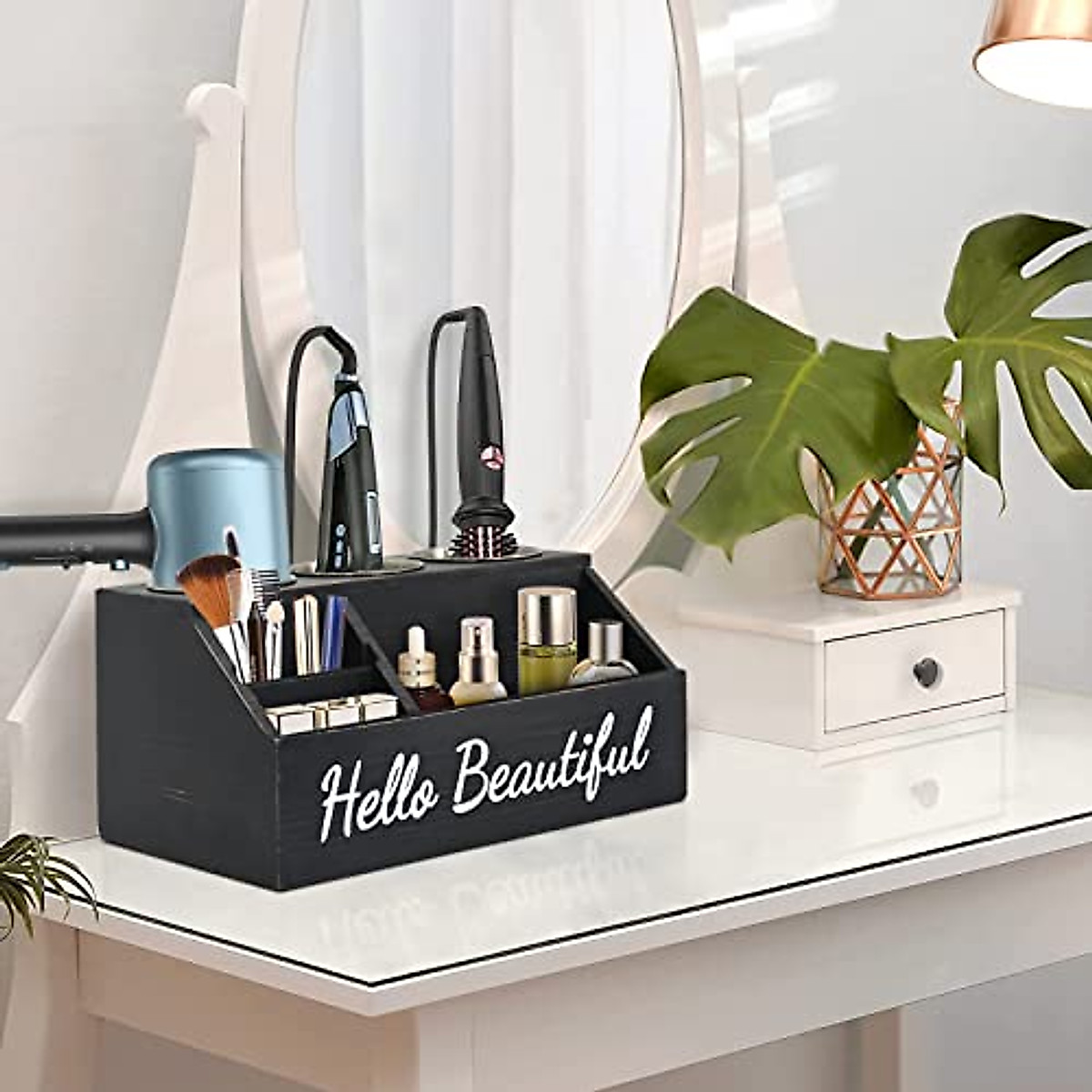 Wooden Black Hair Tools Organizer, Rustic Hair Dryer Holder, Bathroom Supplies Countertop Storage Stand and Vanity Caddy for Blow Dryer Curling Iron Hair Straightener Brushes Hair Styling Accessories