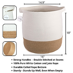 Large Blanket Basket for Living Room - Decorative Woven Baskets for Storage, Cotton Rope Baskets for Storage 16”x18”, Round Basket, Tall Laundry Hamper Basket, LuxiLily Baskets