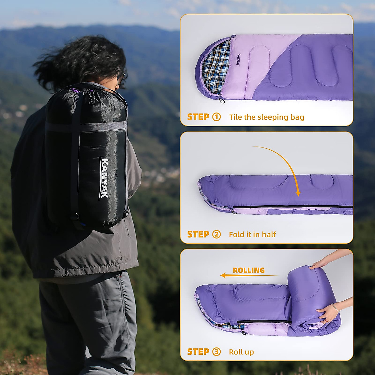 KANYAK Water-Resistant Portable Purple Sleeping Bag for Adults Teens and Kids, Perfect Outdoor Companion for 3-4 Season Hiking，Hunting，Camping and Backpacking