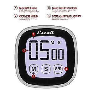 Escali Touch Screen LCD Display Digital Timer, Easy to Read and Touch Sensitive Controls Battery Saving, Black