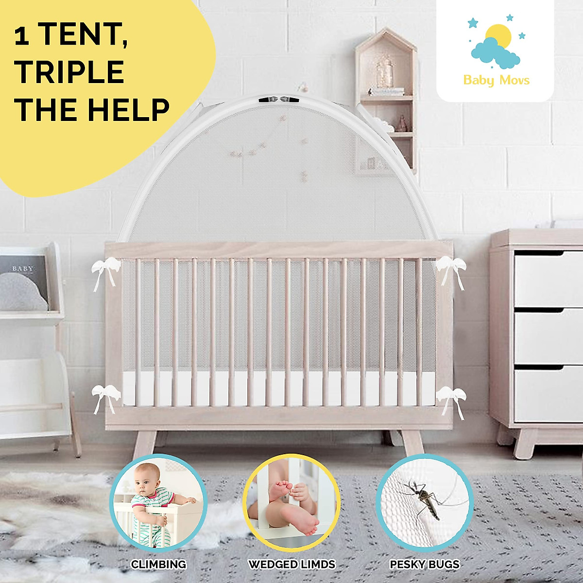 Small Size Crib Safety Canopy Net or Tent Pop Up Mesh Cover Stops Climbing Stuck Limbs See Through Netting for Baby & Toddler Bed with Ties Zippers Bags by Baby Movs 47x26x52 in White