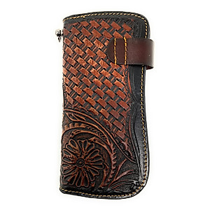 Large Concho and Print Flora Genuine Leather Women's Trifold Wallet/Cellphone Case with Exrta Wrist in 3 colors (Brown)