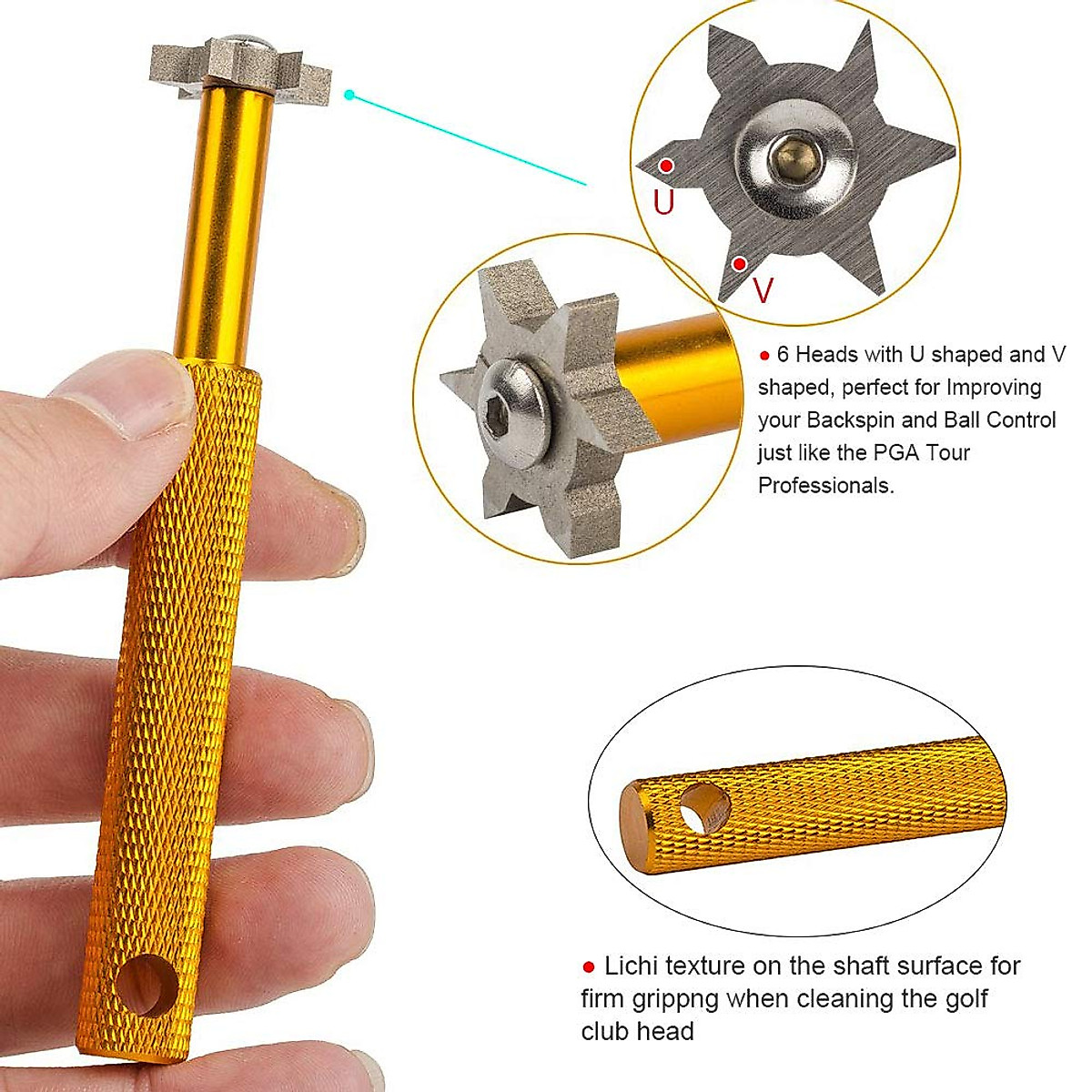 HIFROM Groove Sharpener with 6 Heads - Golf Club Groove Sharpener Re-Grooving Tool and Cleaner Replacement for All Irons Pitching Sand Lob Gap and Approach Wedges and Utility Clubs Gold Color