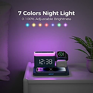YORTOT Wireless Charging Station Alarm Clock with 7 Multiple Colors Light - 5 in 1 Wireless Charger,Charging Dock for Apple Devices, for iPhone 15 14 13 12 11 Pro Max,Apple Watch,AirPods,0-100% Dimmer