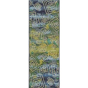 Unique Loom Modern Collection Abstract, Geometric, Spirals, Vintage, Indoor and Outdoor Area Rug, 2' 0" x 6' 0", Navy Blue/Green