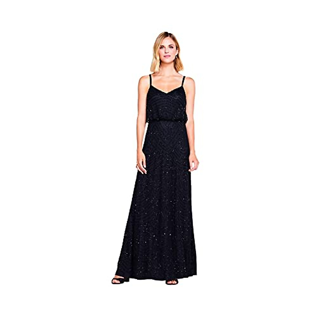 Adrianna Papell Women's Long Beaded Blouson Gown, Black, 16