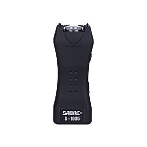 SABRE Stun Gun with Flashlight and Belt Holster, Emits 1.60 Powerful Pain Inducing Microcoulombs (µC) Charge, 120 Lumen LED Flashlight, Rubberized Grip, Compact Design, Rechargeable