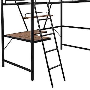 MOEO Twin Size Loft Bed with L-Shaped Desk and Shelf, Metal Steel Bedfram w/Guardrail for Kids, Home, No Spring Box Required, Black