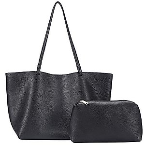 Women's Soft PU Leather Tote Shoulder Bag from HORSE&TIGER, Minimalist Litchi Texture Handbag (Black)
