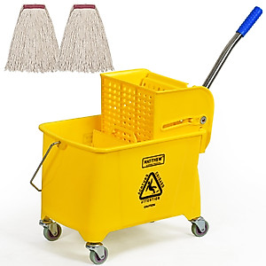 Matthew Cleaning Compact Mop Bucket INCL.2 Pack Mop Head with Side Press Wringer On Wheels,Tandem Portable Floor Cleaning Wavebrake,Ideal for Household,Industrial,Restaurant,Janitorial Use-22 Quart
