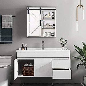 MFSTUDIO Farmhouse Small Bathroom Cabinet Wall Mounted Hanging Medicine Cabinets, Kitchen Storage Organizer with Rustic Barn Door for Living Room Bedroom, Ivory