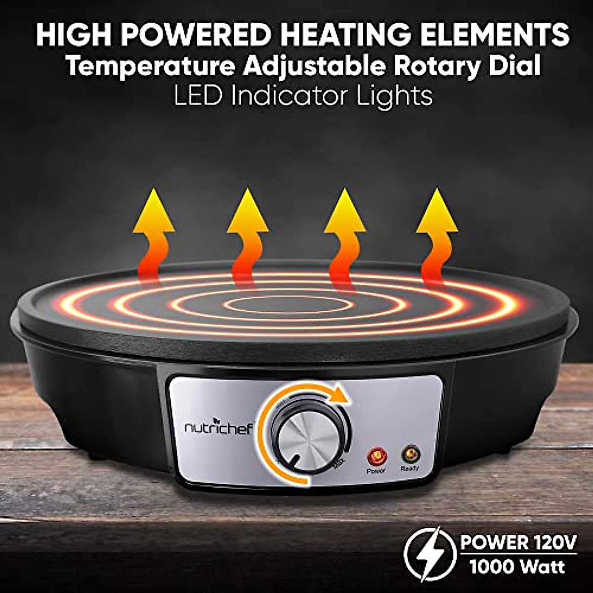 Electric Crepe Maker Pan & Griddle - 12 Inch Nonstick Aluminum Cooktop with LED Indicators & Adjustable Temperature Control - Includes Spatula, Batter Spreader - Perfect for Crepes, Roti & Pancakes.