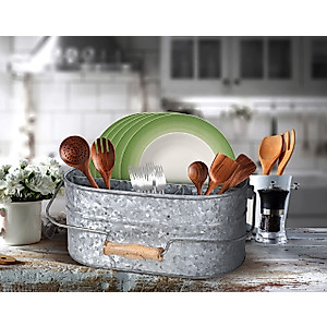 Light & Pro Multipurpose Galvanized Rustic Farmhouse Caddy - Metal 4 Compartment Storage Bin Caddy With Wooden Handle Perfect For Kitchen Utensils, Picnic, Garden Planter - Hammered - Antique Grey