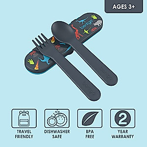 Bentgo® Kids Utensil Set - Reusable Plastic Fork, Spoon & Storage Case - BPA-Free Materials, Easy-Grip Handles, Dishwasher Safe - Ideal for School Lunch, Travel, & Outdoors (Dinosaur)